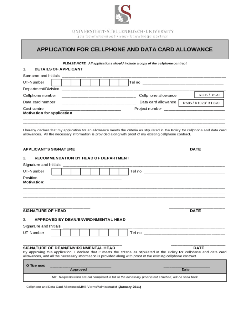 Application for cellphone and data-card allowance Doc Template | pdfFiller