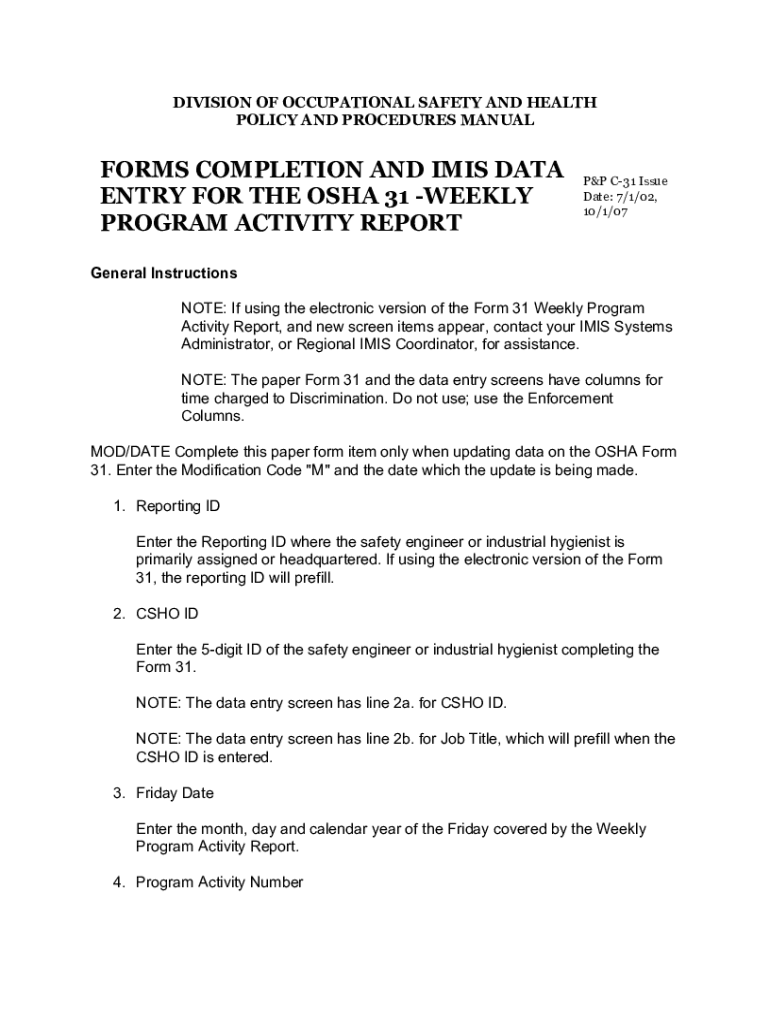 Fillable Online FORMS COMPLETION AND IMIS DATA ENTRY FOR THE OSHA 31 ...