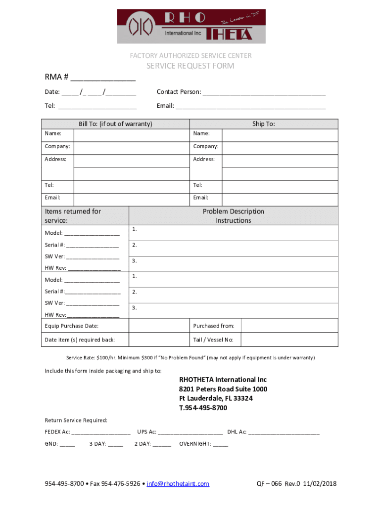 Fillable Online FACTORY AUTHORIZED SERVICE CENTER SERVICE REQUEST FORM ...