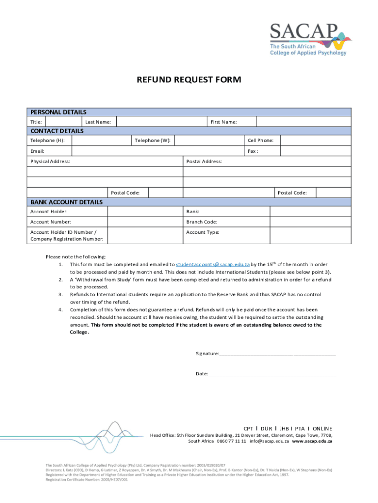 Fillable Online REFUND REQUEST FORM - SACAP Fax Email Print - pdfFiller