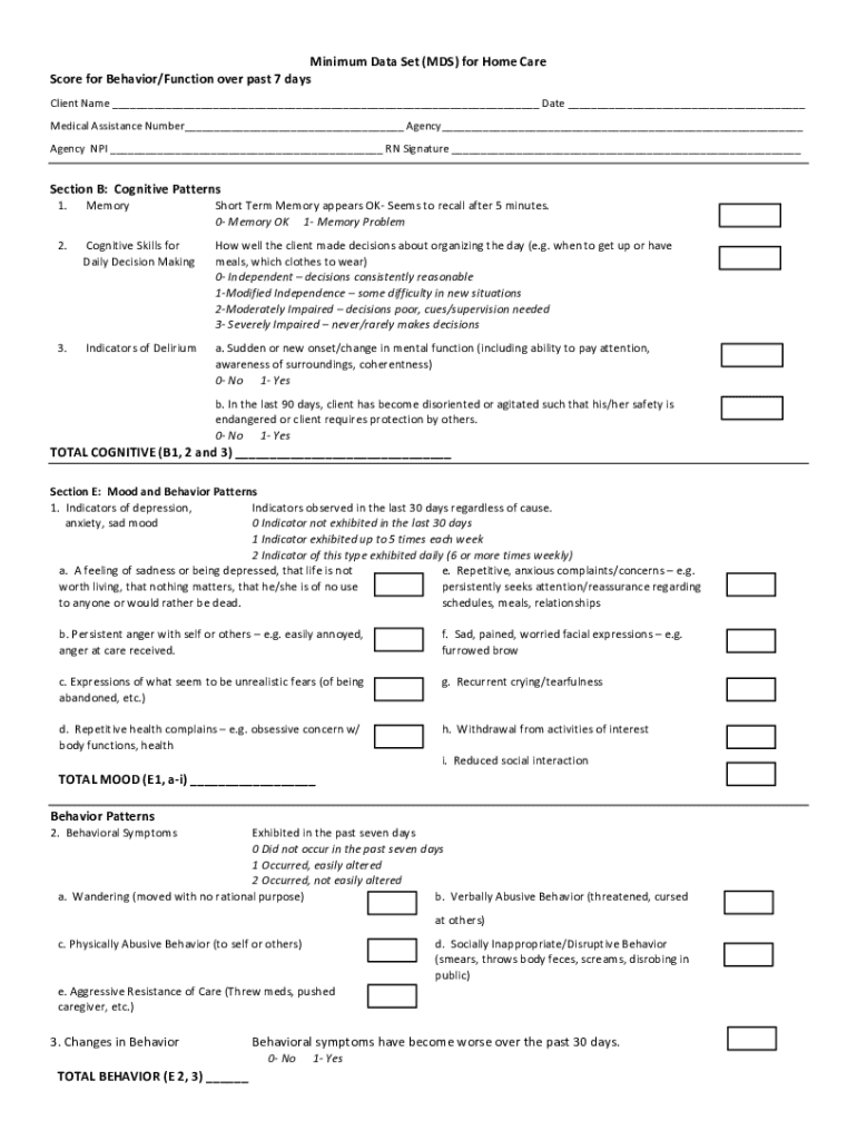 Fillable Online eohhs ri Minimum Data Set (MDS) for Home Care Fax Email Print - pdfFiller