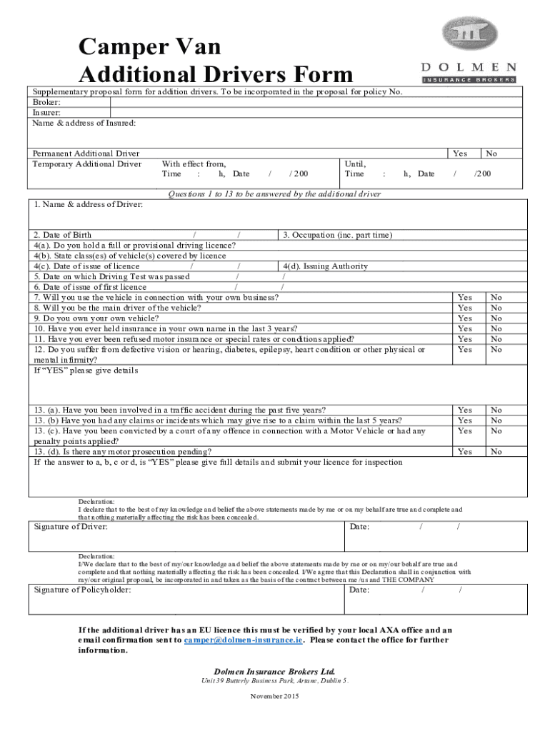 Fillable Online Camper Van Additional Drivers Form Nov 15 Fax Email ...