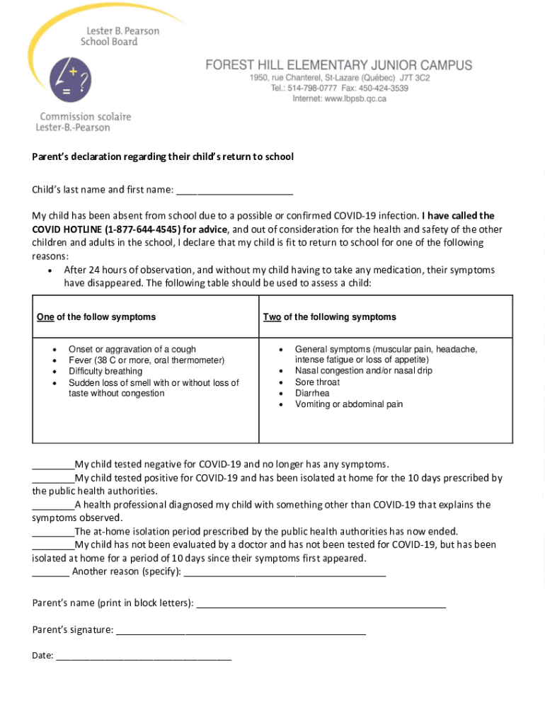 Fillable Online foresthilljr lbpsb qc Parents declaration regarding ...
