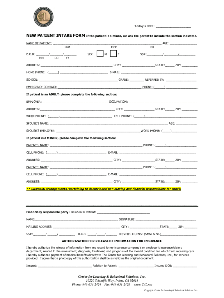 Fillable Online NEW PATIENT INTAKE FORM If the patient is a minor, we ...