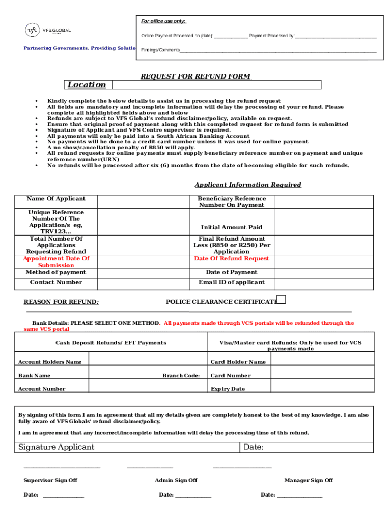 REQUEST FOR REFUND Italy in South Africa Doc Template | pdfFiller