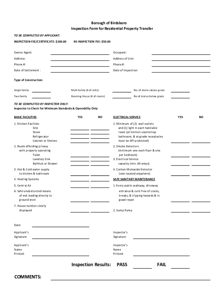 Fillable Online Inspection Form for Residential Property Transfer.xlsx ...