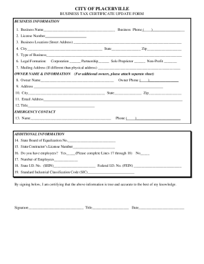Fillable Online BUSINESS TAX CERTIFICATE UPDATE FORM Fax Email Print ...