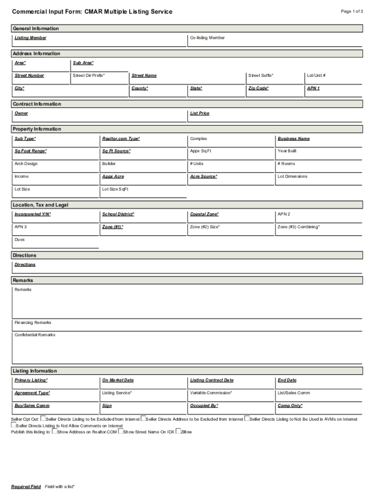 Fillable Online Commercial Input Form: CMAR Multiple Listing Service ...