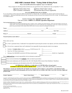 Fillable Online 2022 HISD Livestock Show - Turkey Order & Entry Form ...