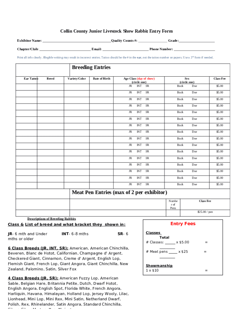 Collin County Junior Livestock Show Rabbit Entry Doc Template | pdfFiller