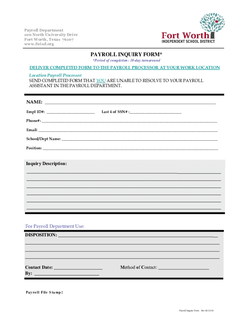 Fillable Online PAYROLL INQUIRY FORM* Fax Email Print - pdfFiller
