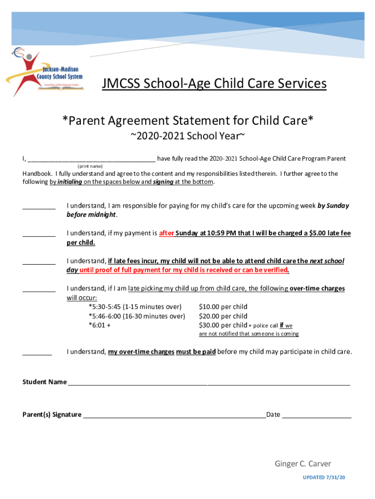Fillable Online Parent Agreement form for Child Care 2020-21.docx Fax ...