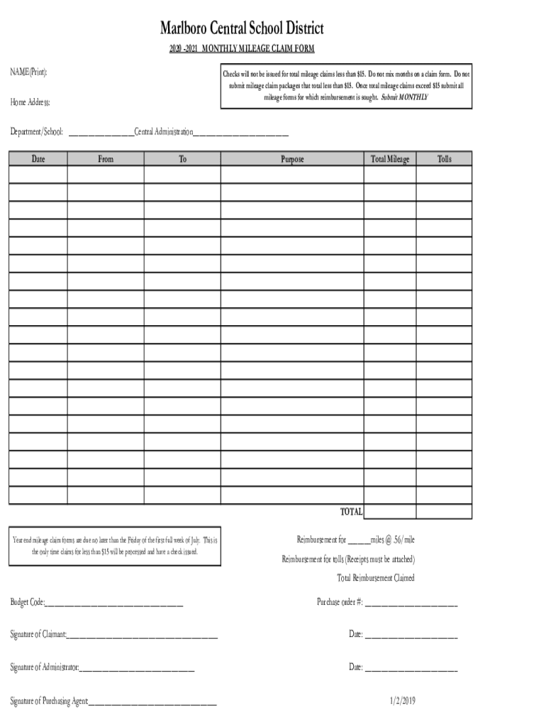 Fillable Online 2020 -2021 MONTHLY MILEAGE CLAIM FORM Fax Email Print ...