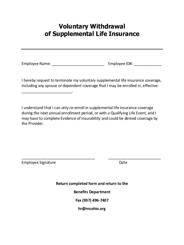 Fillable Online Voluntary Withdrawal from Supplemental Life Plan Form ...