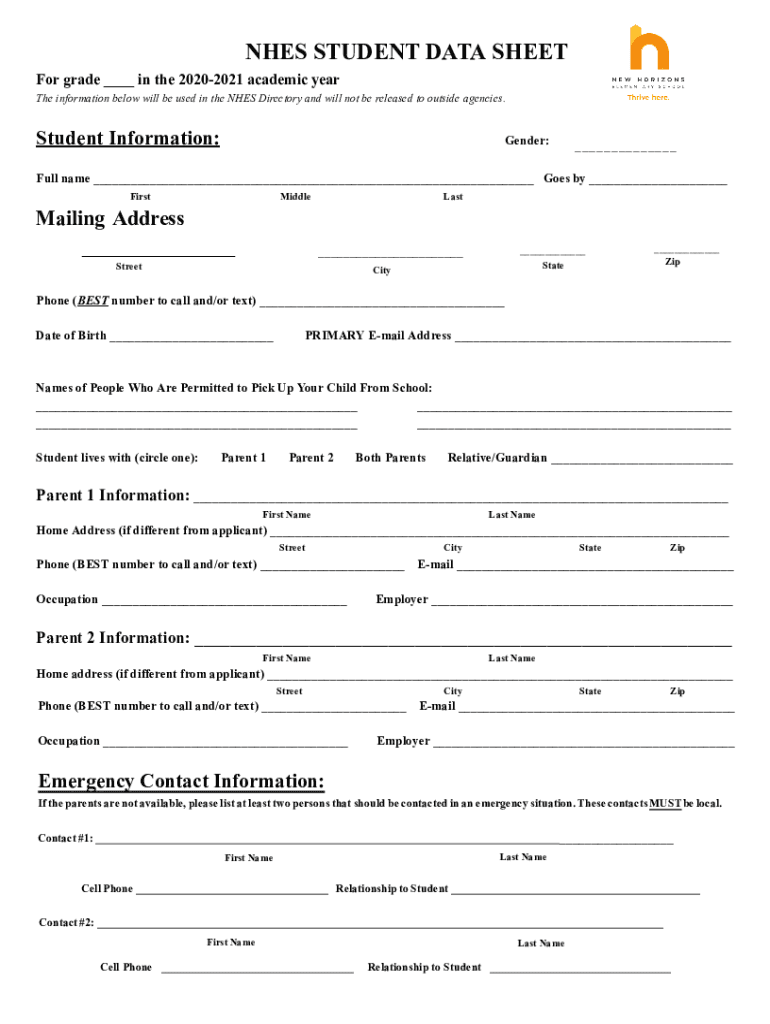 Fillable Online NHES STUDENT DATA SHEET Fax Email Print - pdfFiller