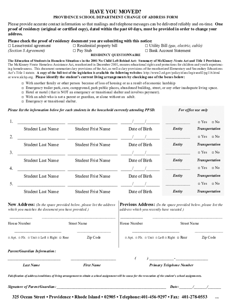 Fillable Online PROVIDENCE SCHOOL DEPARTMENT CHANGE OF ADDRESS FORM Fax Email Print - pdfFiller