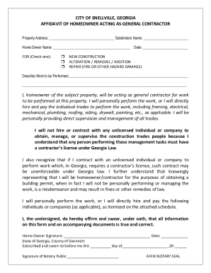 Fillable Online AFFIDAVIT OF HOMEOWNER ACTING AS GENERAL CONTRACTOR Fax ...