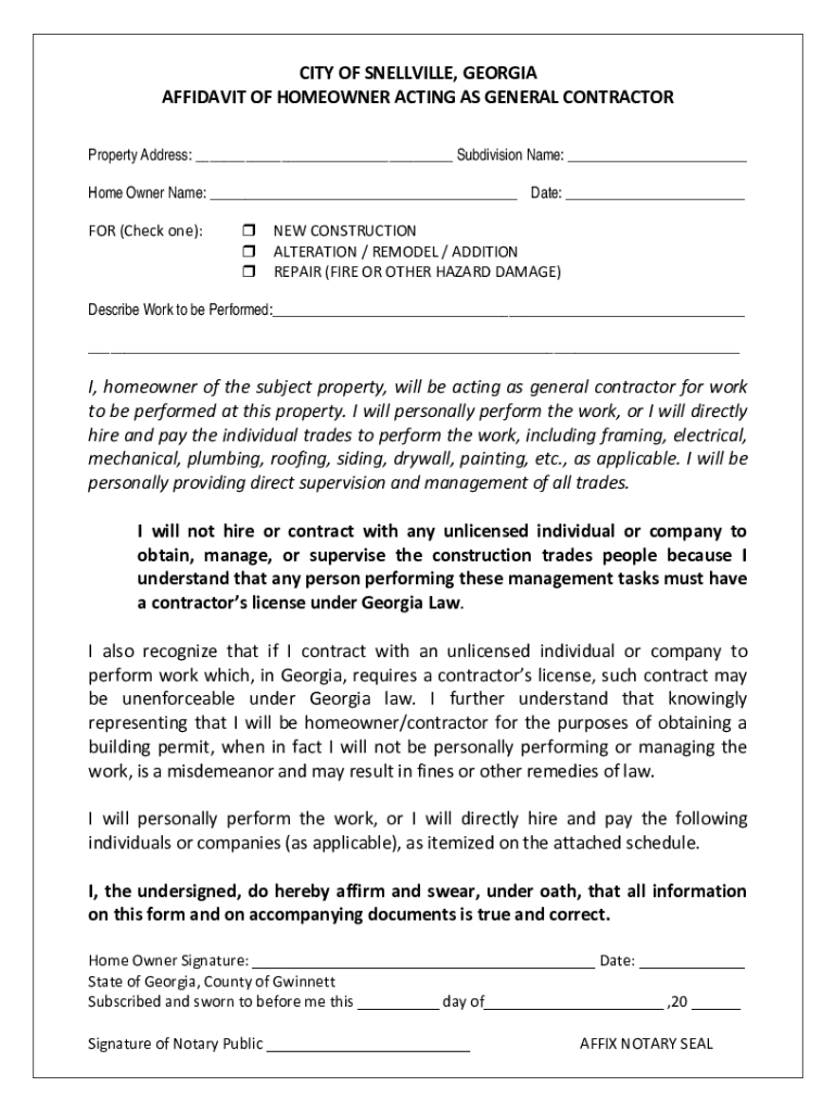 Fillable Online AFFIDAVIT OF HOMEOWNER ACTING AS GENERAL CONTRACTOR Fax ...
