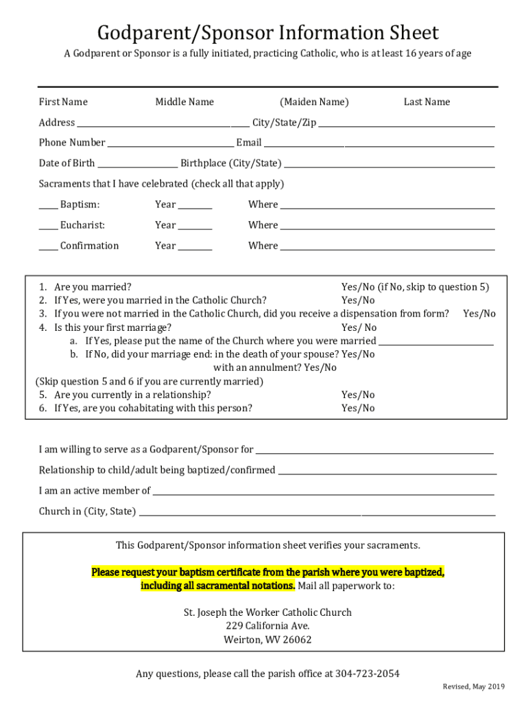 Fillable Online Godparent/Sponsor Information Sheet Fax Email Print ...