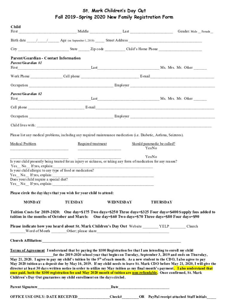Fillable Online Fall 2019-Spring 2020 New Family Registration Form Fax ...