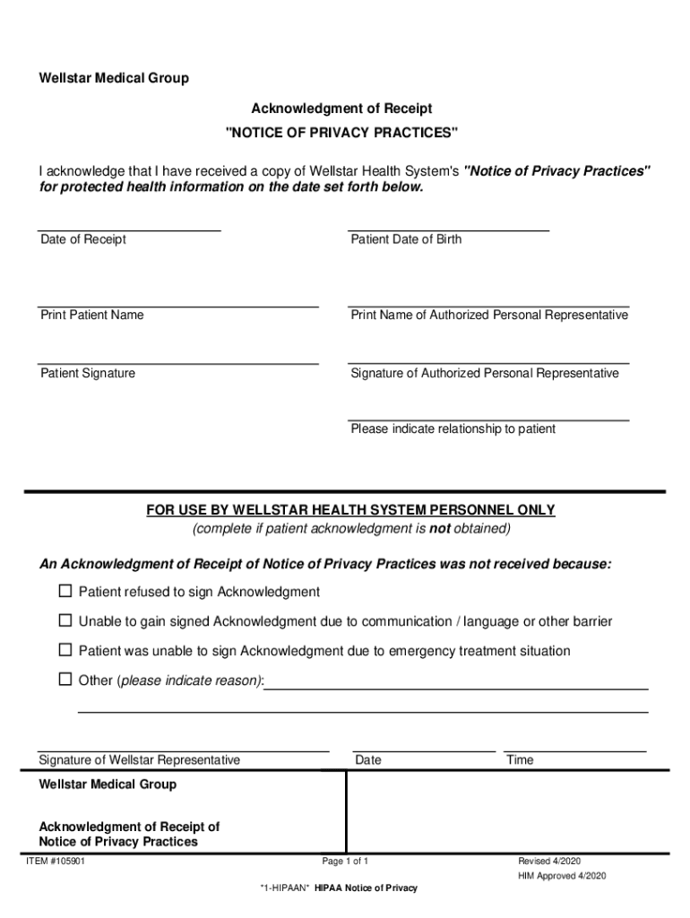 Wellstar Medical Group Acknowledgment of Receipt Notice of Privacy Practices: Fill out & sign ...