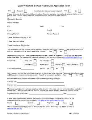Fillable Online 2021 William H. Seward Yacht Club Application Form Fax ...