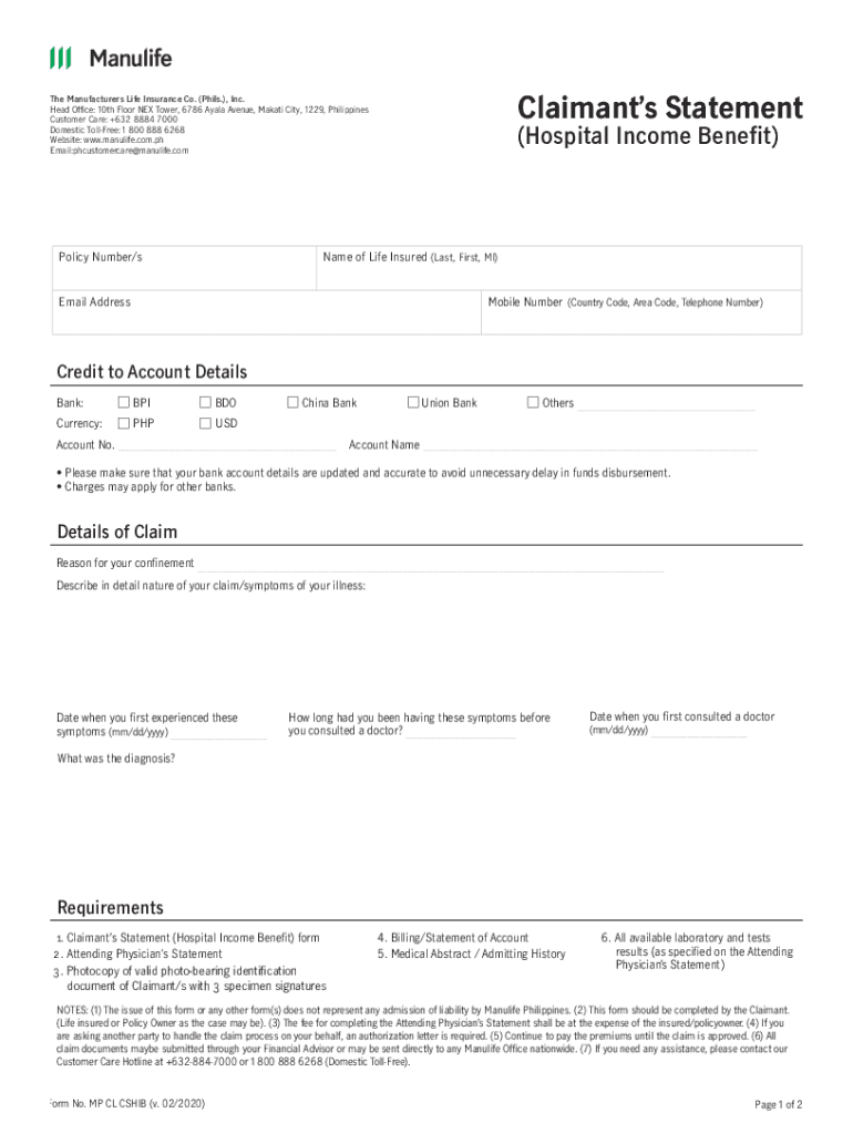 Fillable Online 6. CL Hospital Income Benefit Claim Form P1-2 copy Fax ...