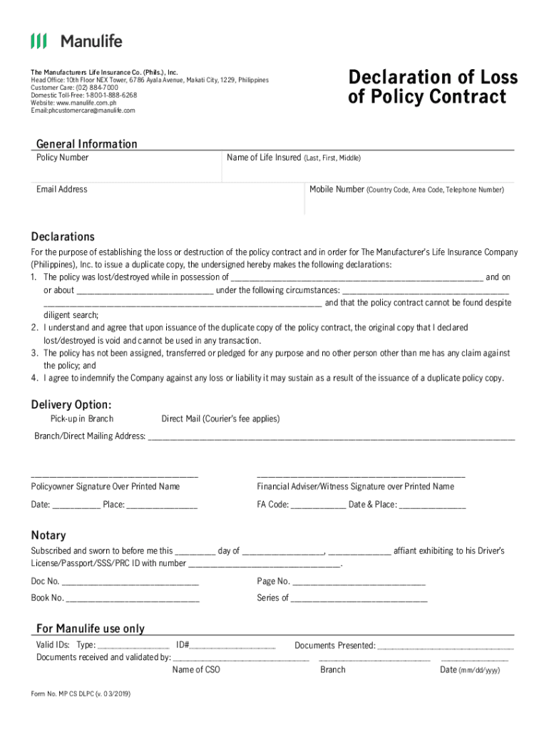 Fillable Online Declaration of Loss of PolicyBR.docx Fax Email Print ...