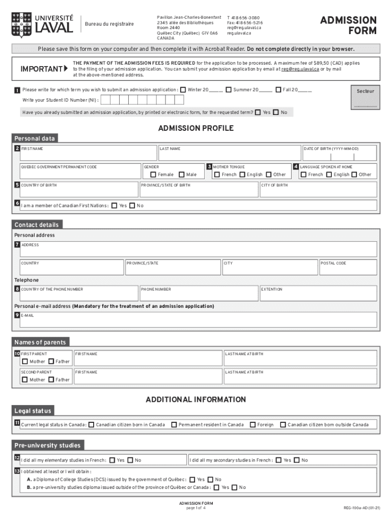 Fillable Online ADMISSION FORM - ulaval.ca Fax Email Print - pdfFiller