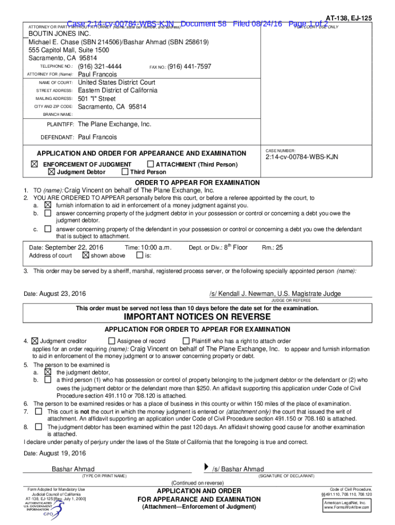 Fillable Online Application And Order For Appearance And Examination EJ ...