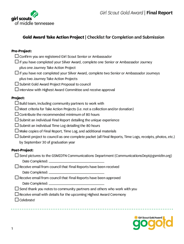 Fillable Online Gold Award Take Action Project Checklist for Completion ...