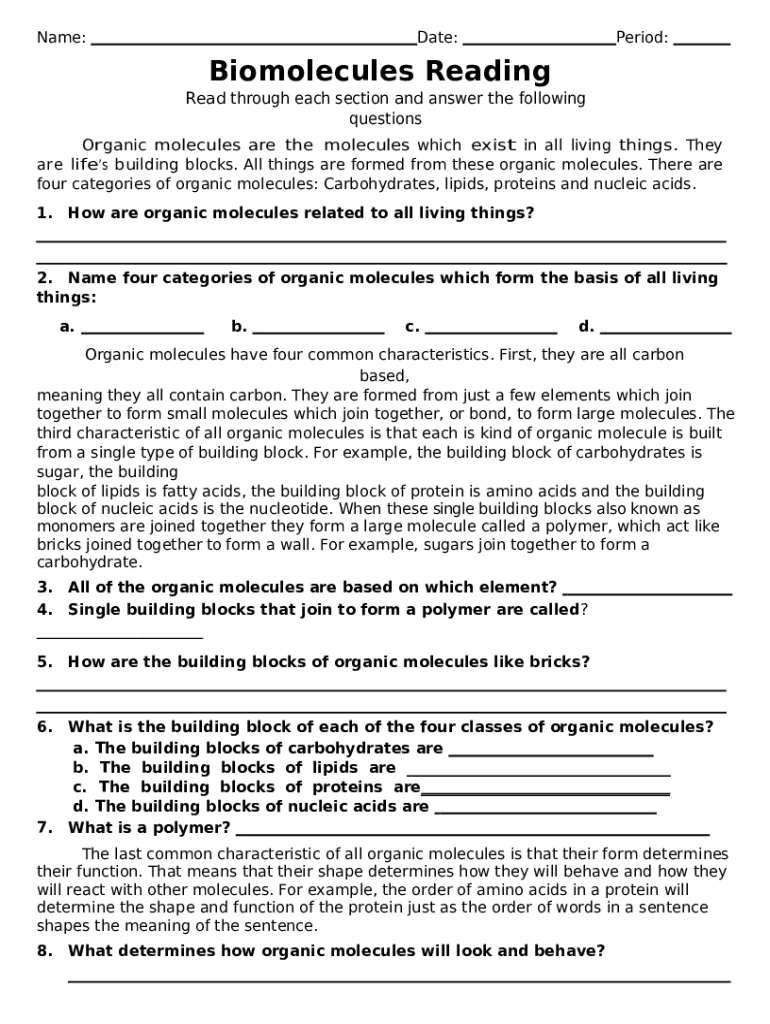 Biomolecules Reading Doc Template | pdfFiller
