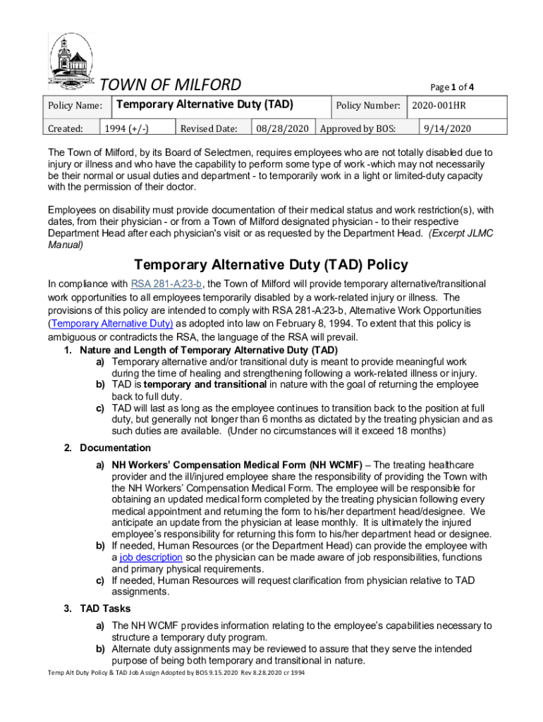Fillable Online Temporary Alternative Duty Policy Fax Email Print ...