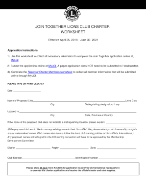 Fillable Online JOIN TOGETHER CENTENNIAL LIONS CLUB CHARTER APPLICATION ...