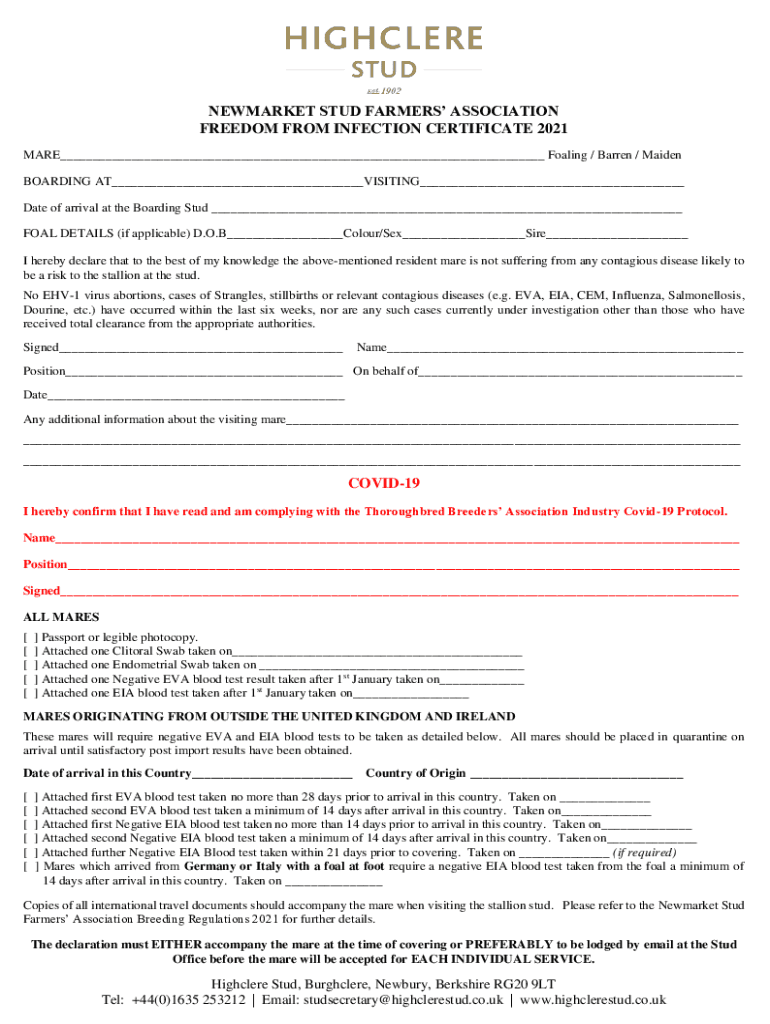 Fillable Online FREEDOM FROM INFECTION CERTIFICATE 2021 Fax Email Print ...