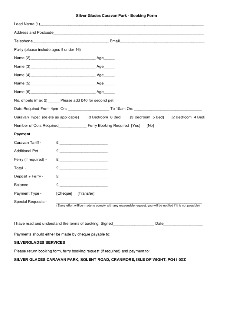 Fillable Online Silver Glades Caravan Park - Booking Form Fax Email ...
