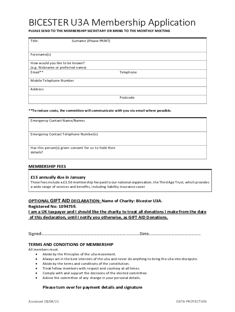 Bicester U3a - Fill Online, Printable, Fillable, Blank | pdfFiller
