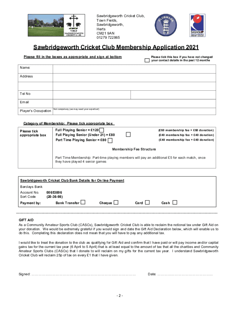 Fillable Online Sawbridgeworth Cricket Club Membership Form 2021 Fax ...