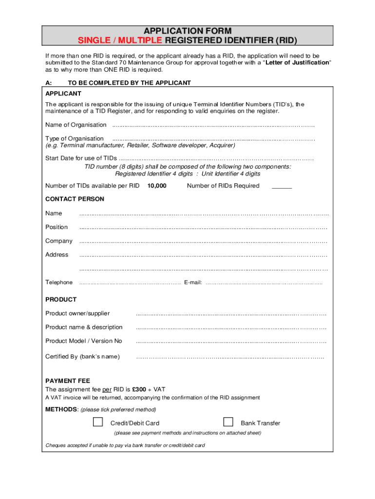Fillable Online APPLICATION FORM - SINGLE REGISTERED IDENTIFIER (RID ...