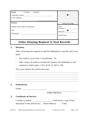 Order Denying Request to Seal Records Doc Template | pdfFiller
