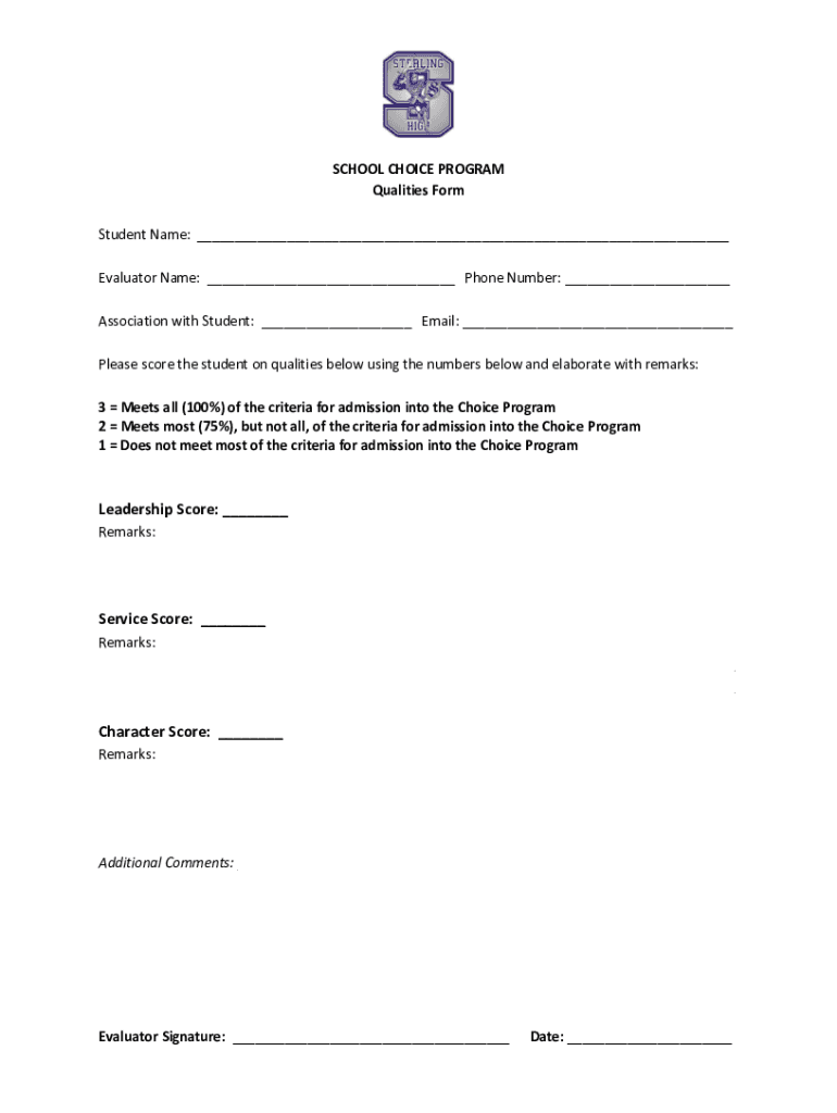 Fillable Online School Choice Application Student Qualities Form Fax ...