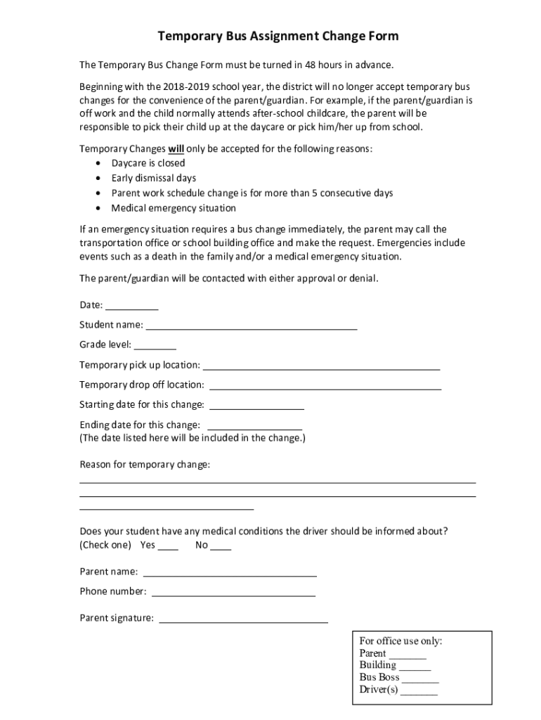 Fillable Online Temporary Bus Change Form-Update Fax Email Print ...