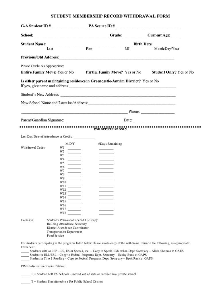 Fillable Online STUDENT MEMBERSHIP RECORD WITHDRAWAL FORM Fax Email ...