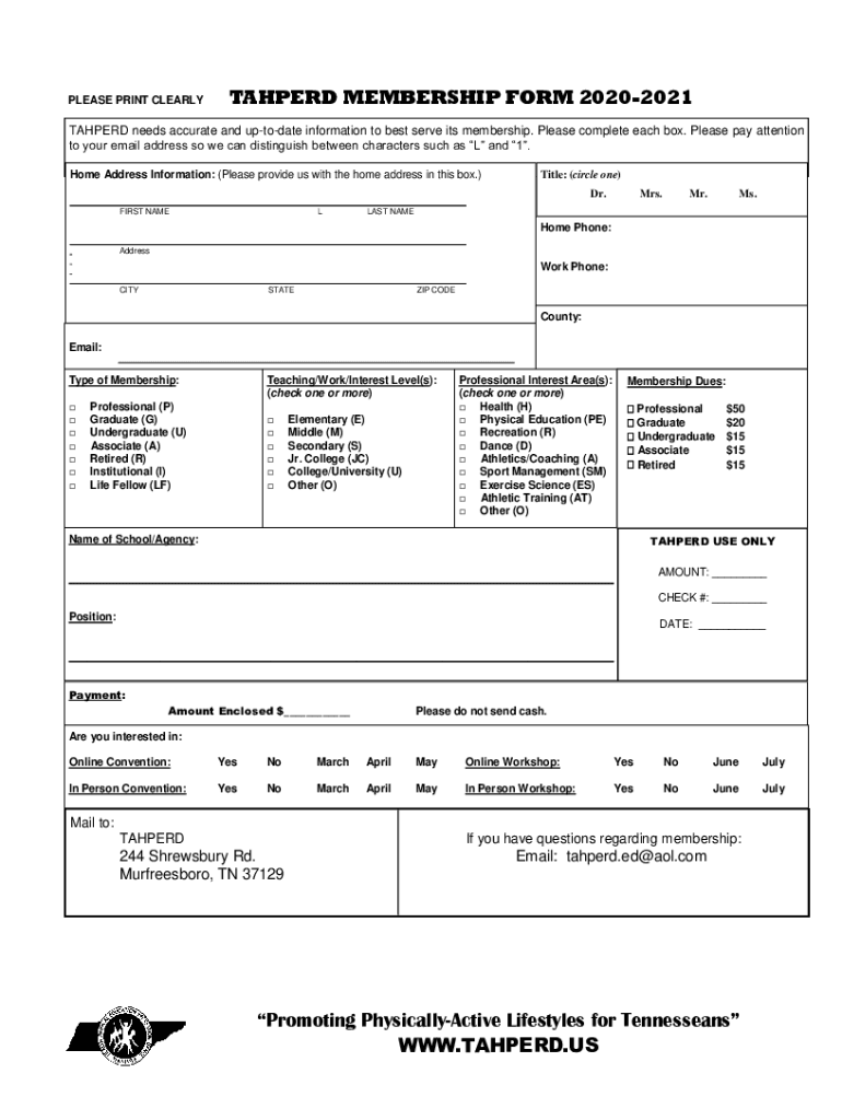 Fillable Online TAHPERD MEMBERSHIP FORM 2020-2021 Fax Email Print ...