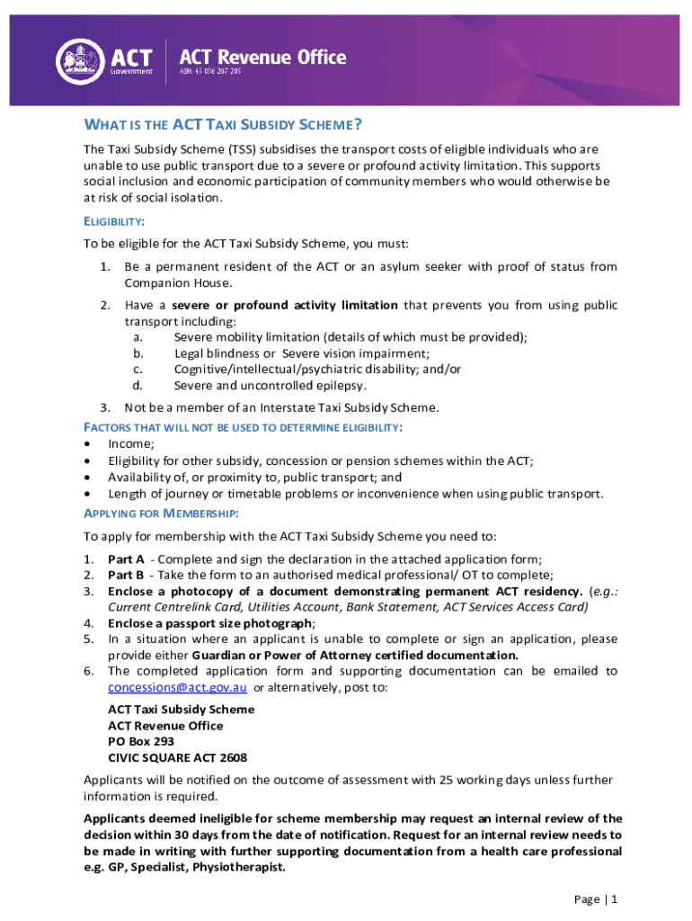 Fillable Online WHAT IS THE ACT TAXI SUBSIDY SCHEME Fax Email Print ...