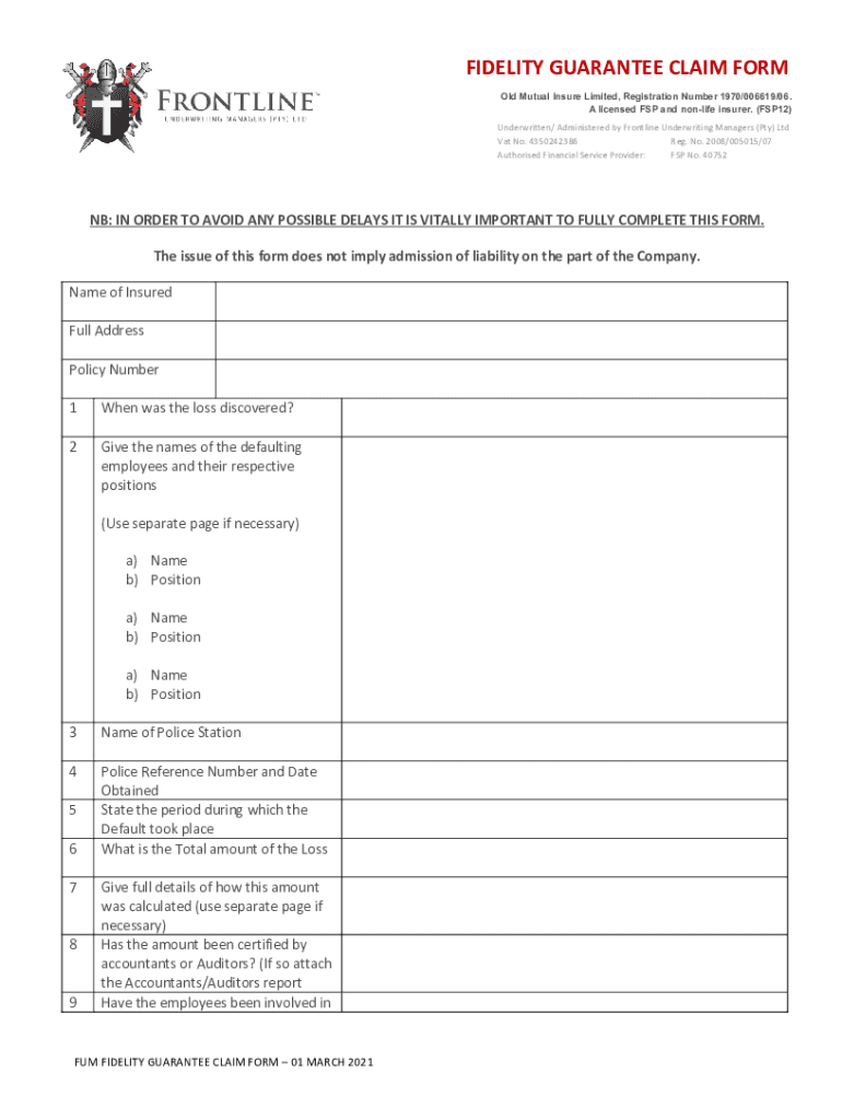 Fillable Online frontlineinsurance co Old Mutual Insure Limited ...