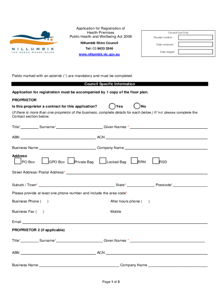 Fillable Online Application for Registration for Health Premises Fax ...