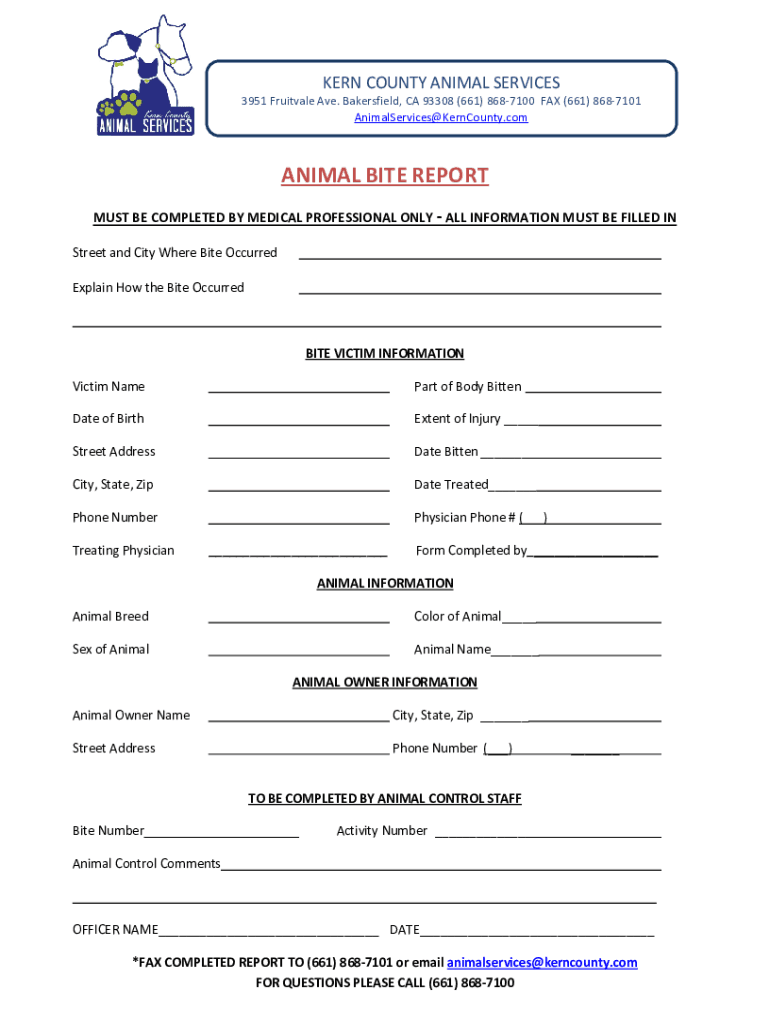 Fillable Online Printable Bite Report for Medical Professionals - Kern ...