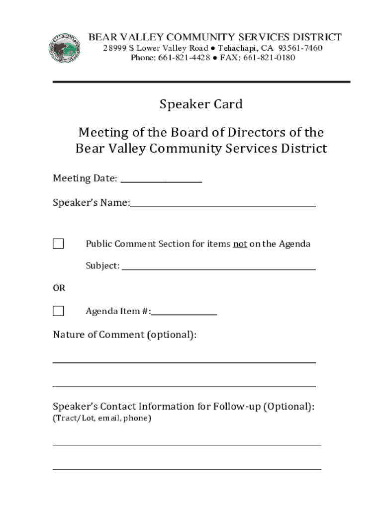 Fillable Online Bear Valley Community Service District 28999 S Lower ...