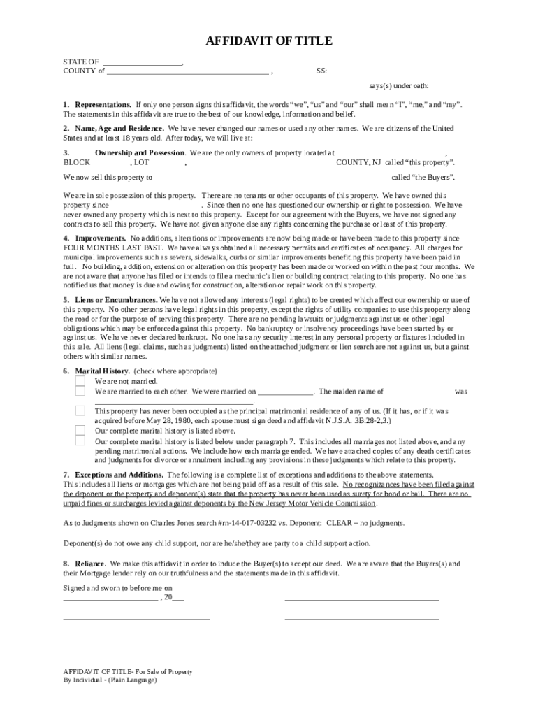 AFFIDAVIT OF TITLE STATE OF COUNTY OF SS Doc Template | pdfFiller